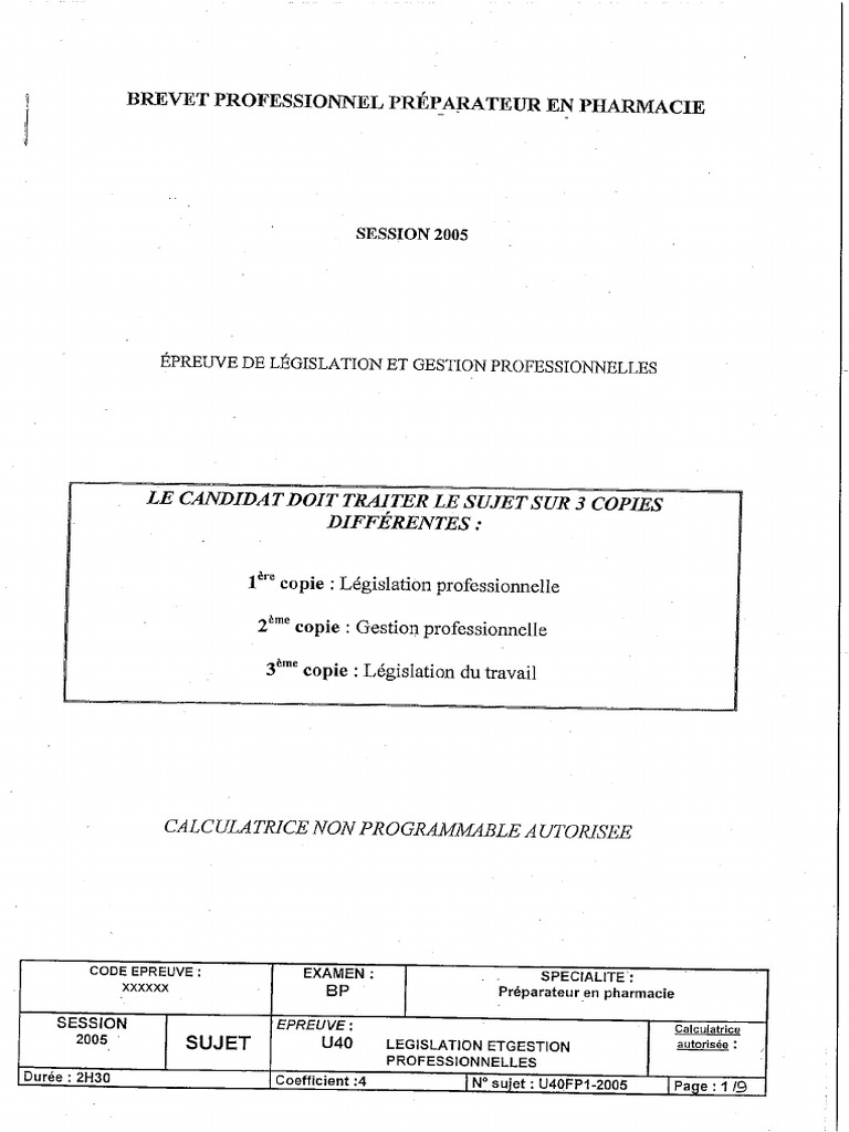 U40 BP Préparateur en Pharmacie Sujet Et Corrigé 2005 | PDF