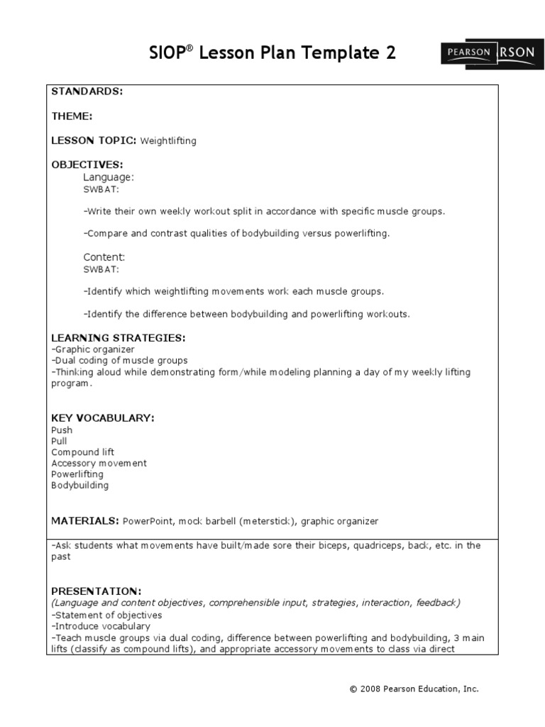 Siop Lesson Plan Weightlifting | PDF | Linguistics | Learning
