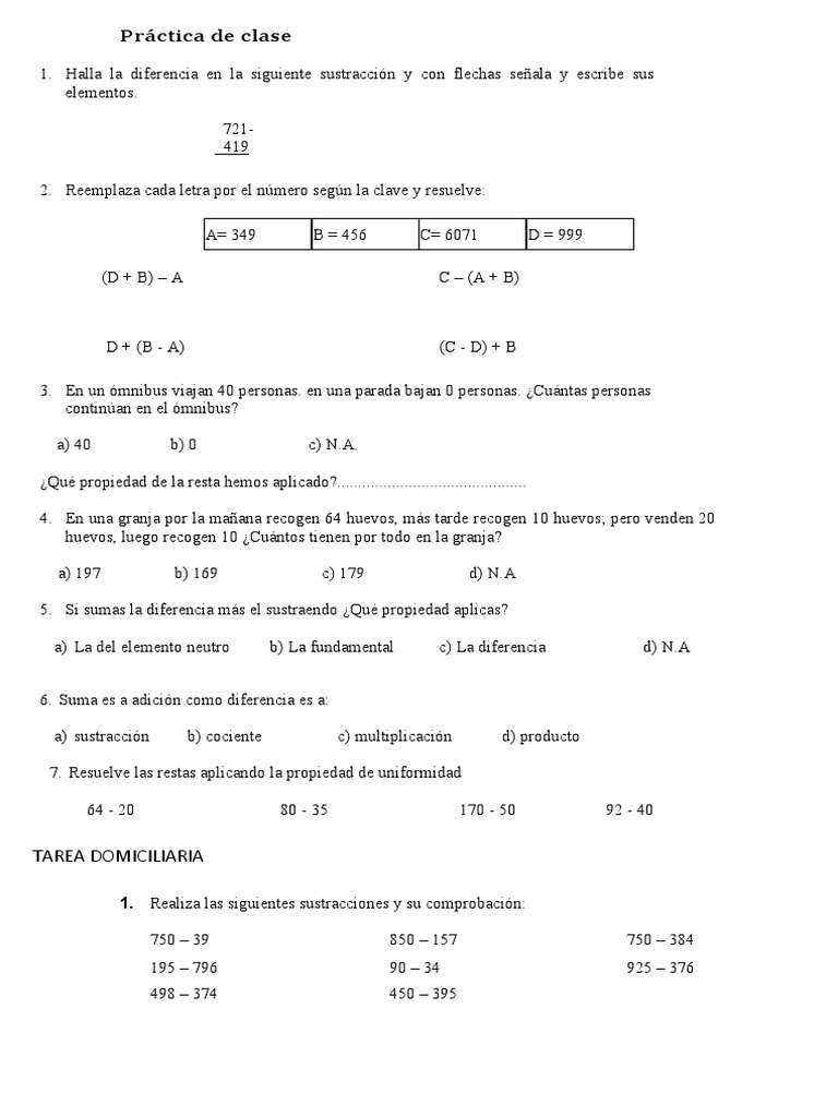 Practica de Las Propiedades de La Resta | PDF