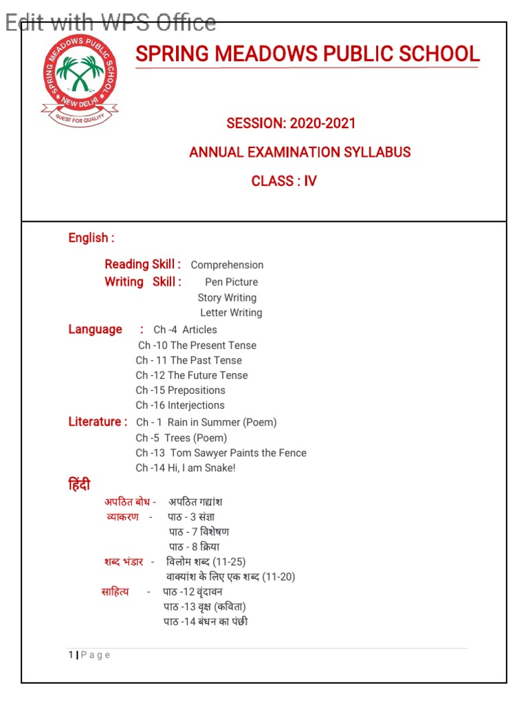Class IV Annual Syllabus 2020-21 PDF | PDF