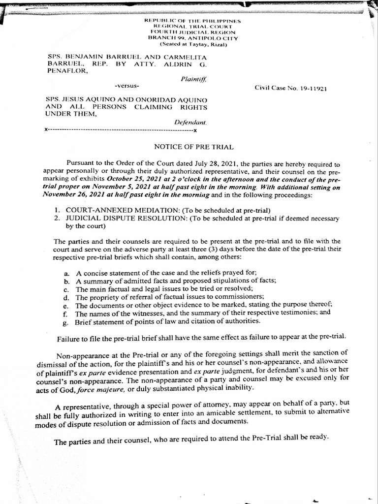 Barruel v Aquino - Notice of Pretrial | PDF