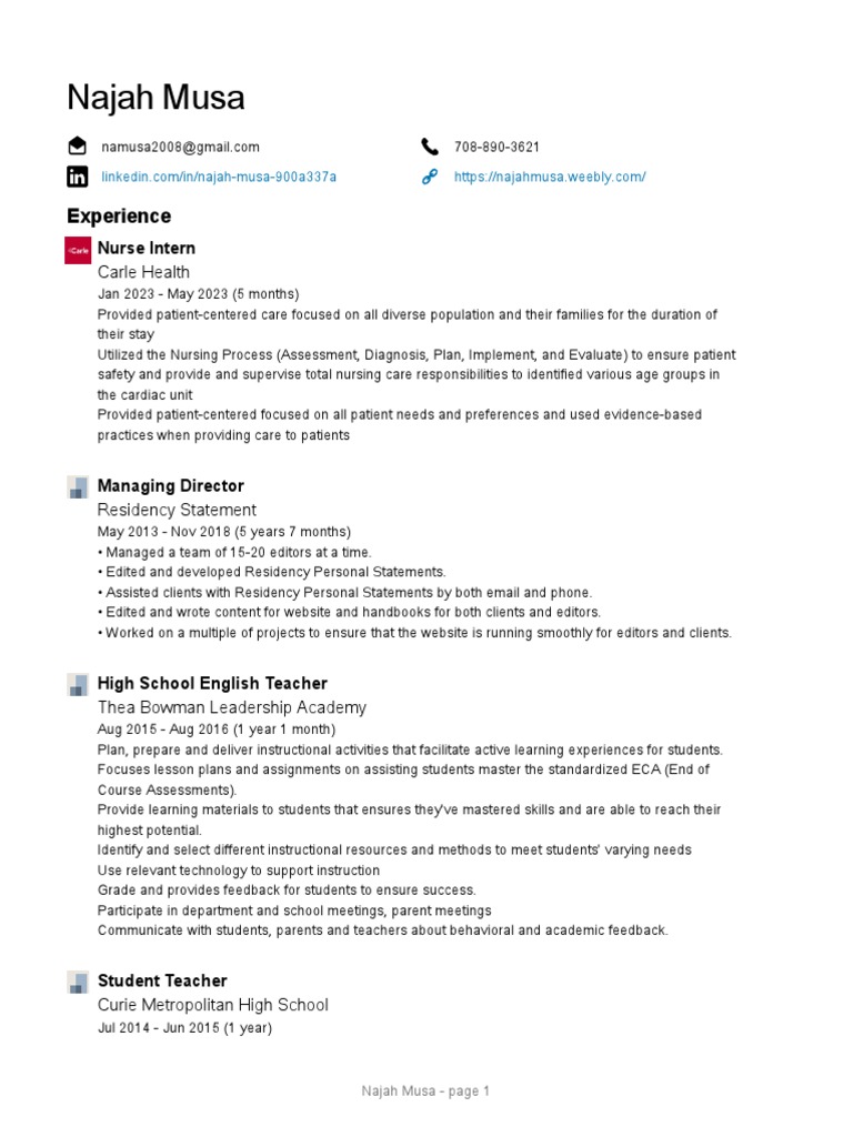 Resume-Najah-Musa 1 | PDF | Nursing | Teachers