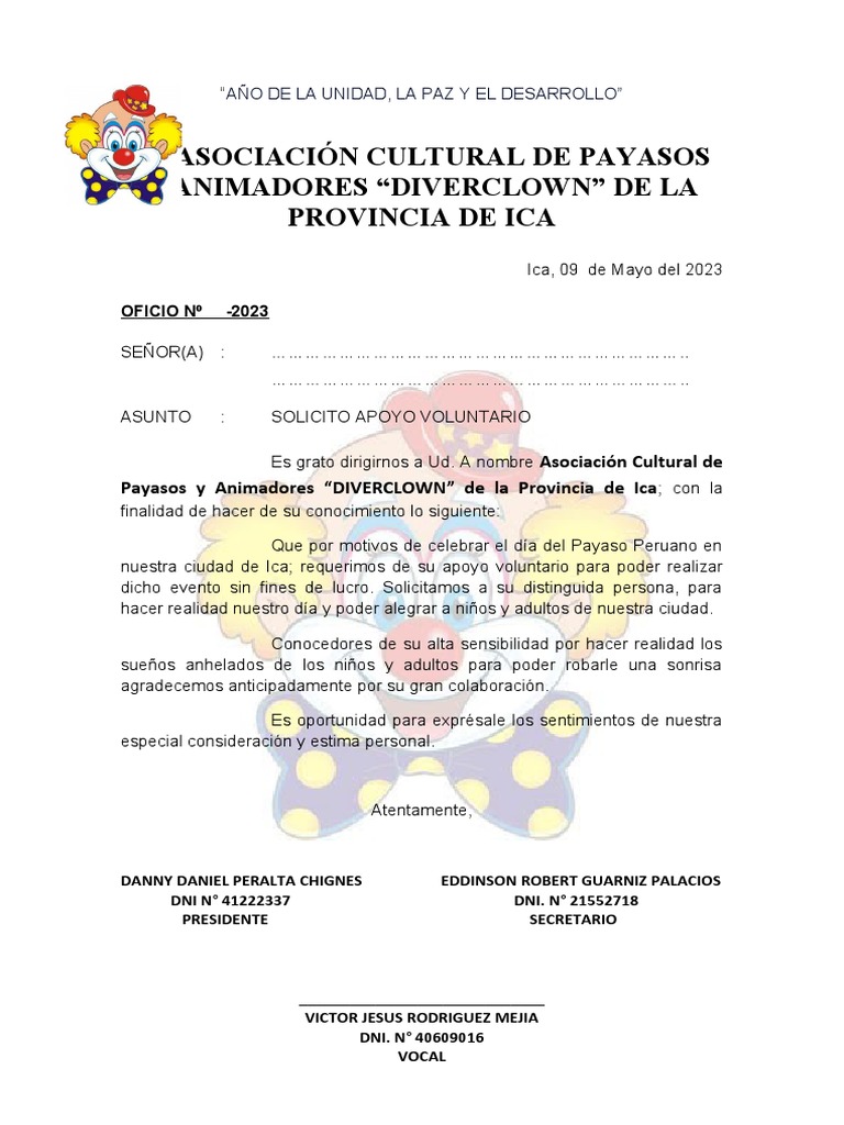 Solicitud de apoyo para el Día del Payaso | PDF | Juegos y actividades ...