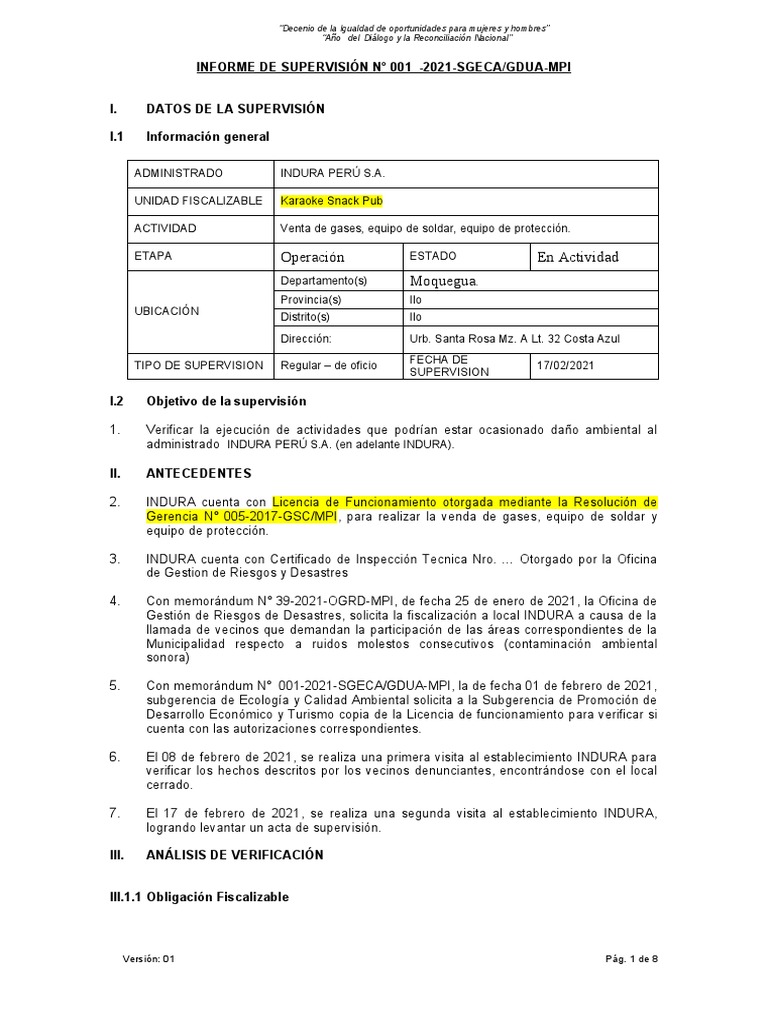 Modelo de Informe de Supervision para Municipalidades - ILO VB | PDF