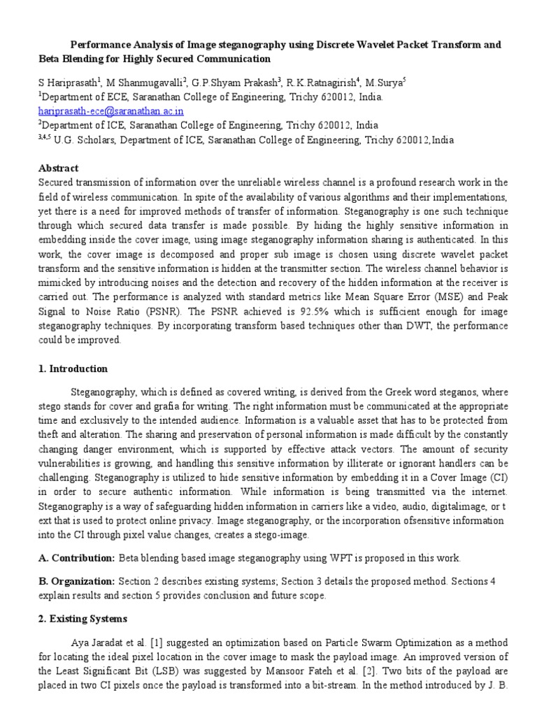 Performance Analysis of Image Steganography Using Discrete Wavelet Packet Transform and Beta ...