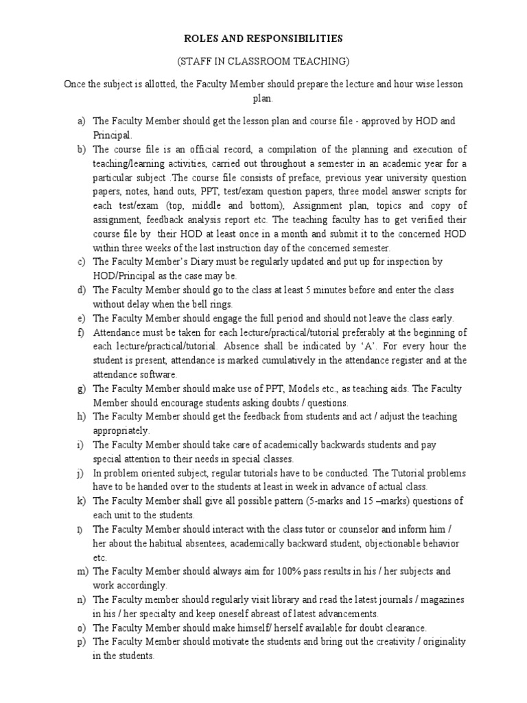 Roles and Responsibilities of Staff | PDF | Lecture | Tutorial