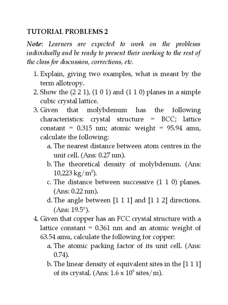 Fme 251 Tutorial Problems 2 | PDF | Crystal Structure | Biophysics