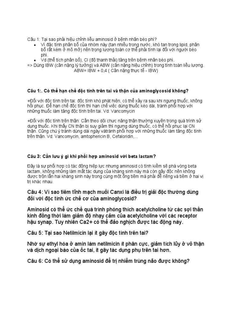 CÂU-HỎI-KS-AMINOGLICOSID-TT-DUOC-LY-B2 | PDF