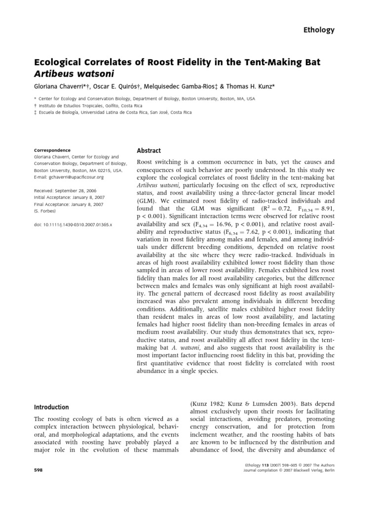 Chaverri Et Al. 2007. Ecological Correlates of Roost Fidelity in The ...