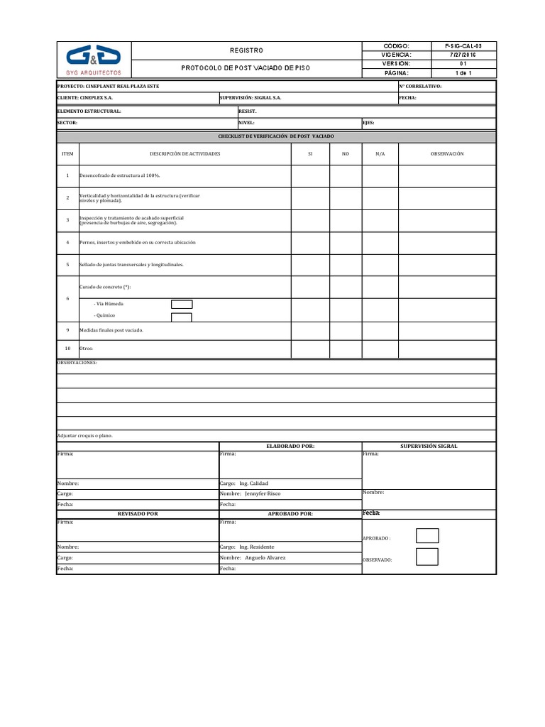 F-SIG-CAL-03 Protocolo de Post Vaciado | PDF