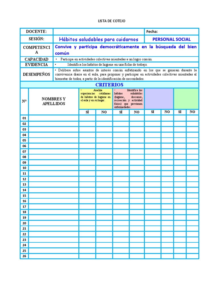Hábitos Saludables - PS - LISTA DE COTEJO 1 | PDF