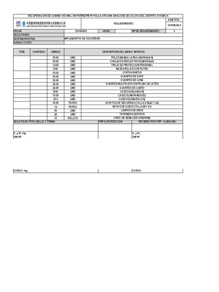 Requerimiento de Epp Octubre | PDF
