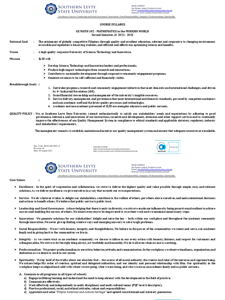 COURSE SYLLABUS Discrete Mathematics 2 | PDF | Information Technology | Computing
