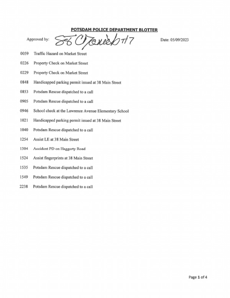Potsdam Village Police Dept. Blotter May 9, 2023 | PDF Potsdam Village Police Dept. Blotter May 9, 2023 | PDF