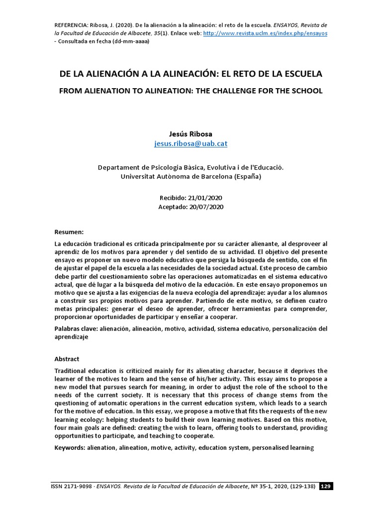 De La Alienación A La Alineación: El Reto de La Escuela: From ...