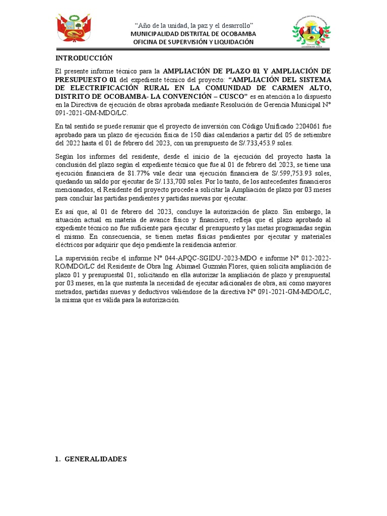 Informe Tecnico Ampliacion de Plazo | PDF | Presupuesto | Energia electrica