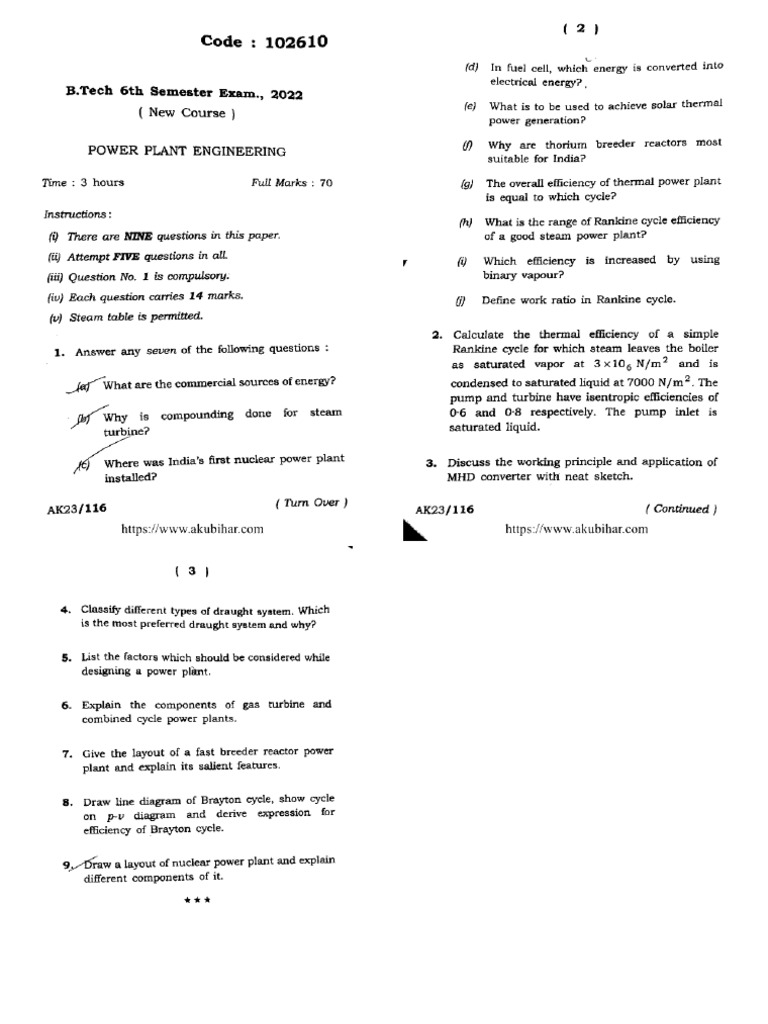 Btech Me 6 Sem Power Plant Engineering 102610 2022 PDF | PDF Btech Me 6 Sem Power Plant Engineering 102610 2022 PDF | PDF