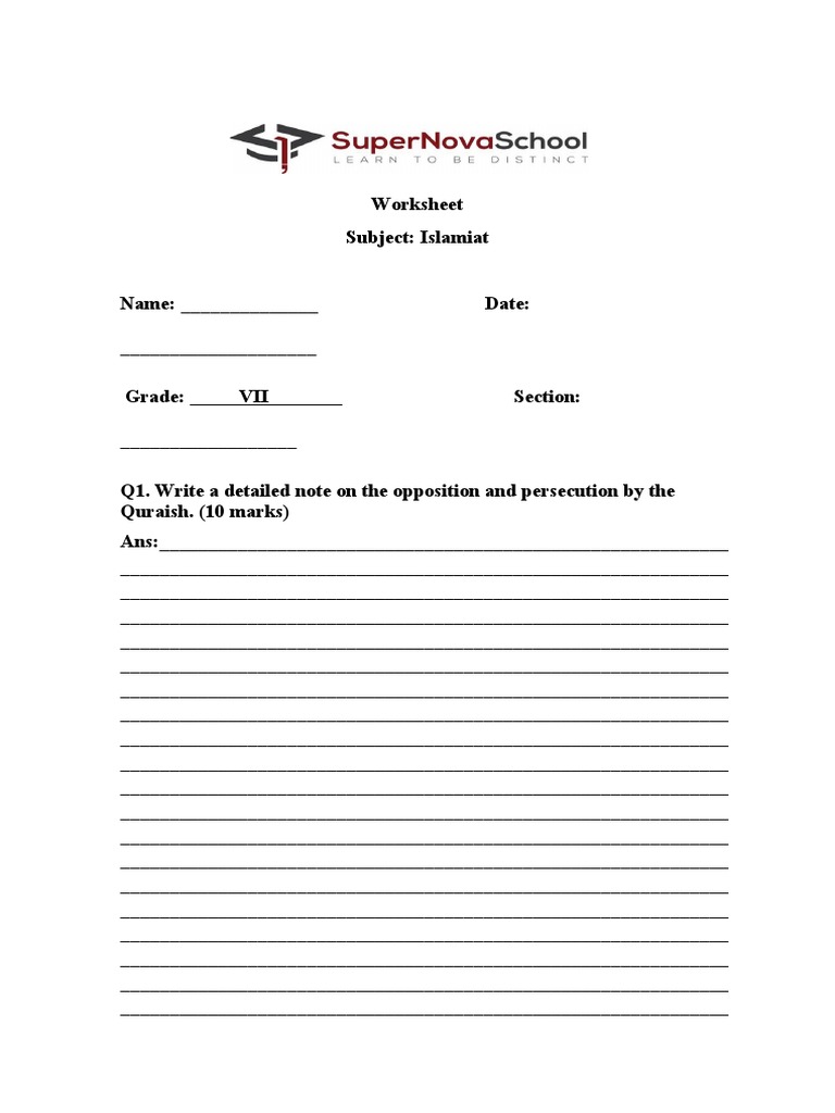 Grade VII Islamiat Worksheet | PDF