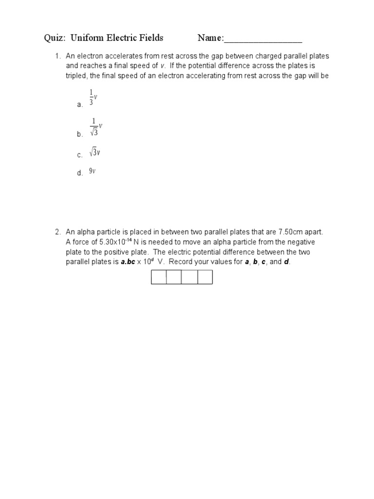 quiz_-_uniform_electric_fields | PDF | Electron | Electric Charge