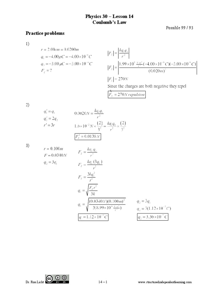 Physics 30 - Lesson 14 Coulomb's Law Practice Problems: Possible 99 / ...
