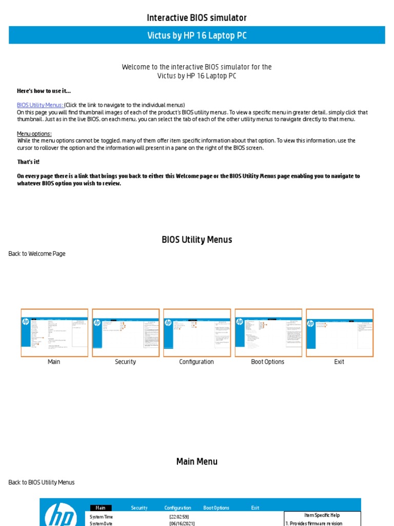 Victus by HP 16 Laptop PC: Interactive BIOS Simulator | PDF | Bios | Booting