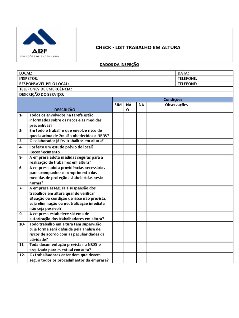 Check List Trabalho em Altura | PDF