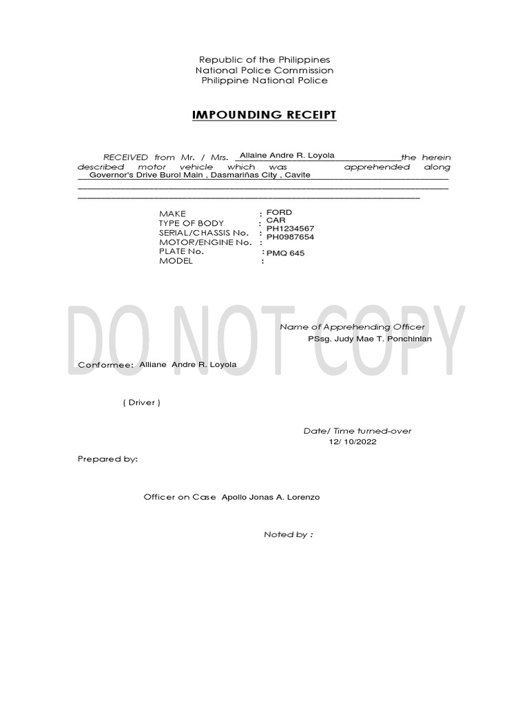 Impounding Receipt for Motor Vehicle | PDF
