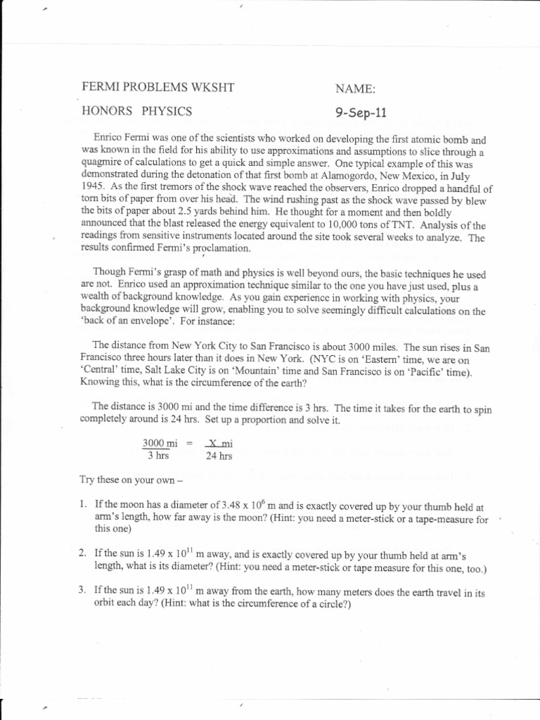 Fermi Problems Worksheet | PDF | Physics | Physical Sciences