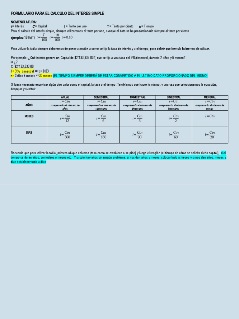 Formulario para El Calculo Del Interes Simple 1 | PDF