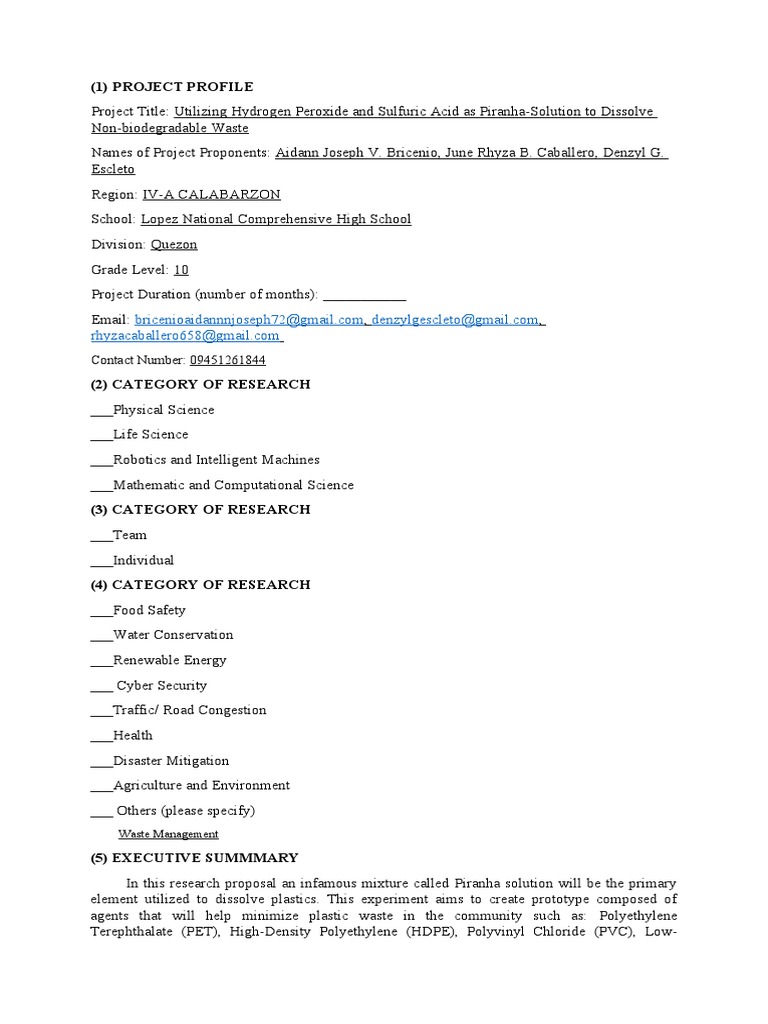 Project Profile | PDF | Plastic | Hydrogen Peroxide