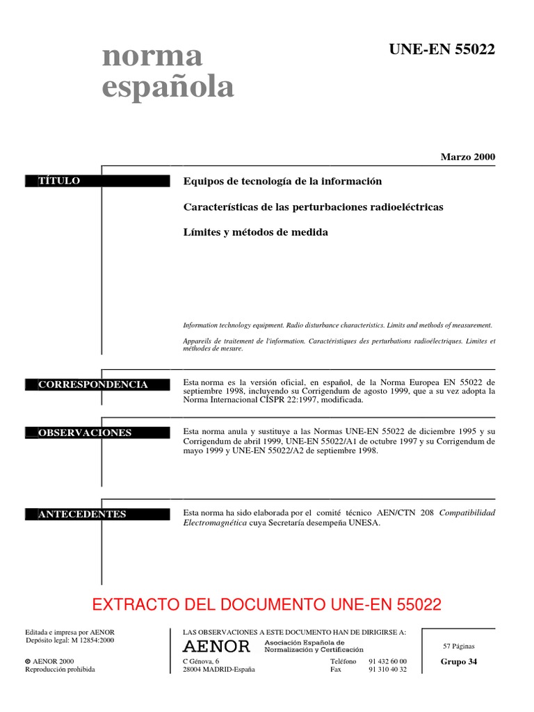 Norma UNE-EN 55022: Perturbaciones Radioeléctricas | PDF ...