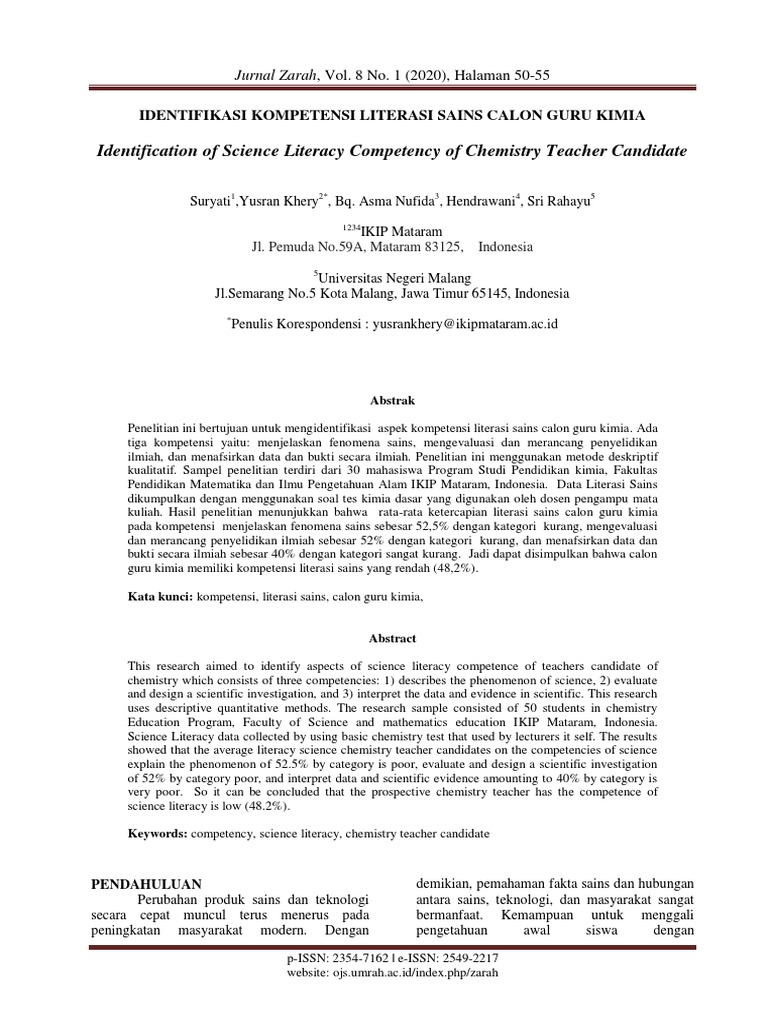 Suryati, Dkk-Jurnal Zarah-Identification of Science Literacy Competency of Chemistry Teacher ...