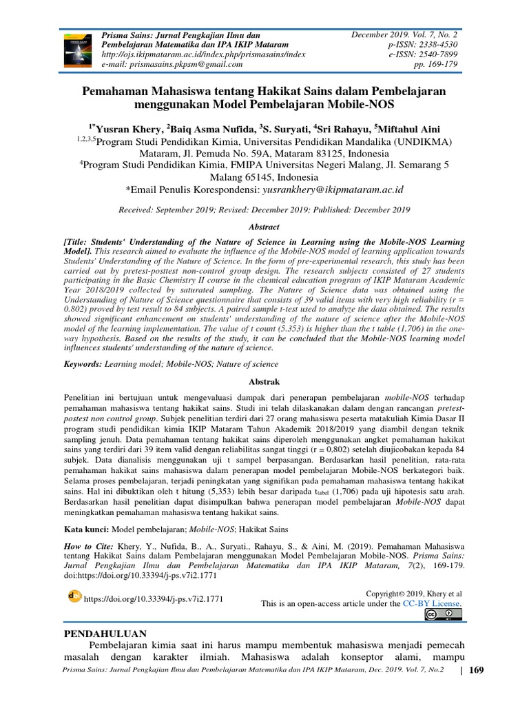 Yusran Khery Dkk-Prisma Sains 2019-Pemahaman Mahasiswa Tentang Hakikat Sains Dalam Pembelajaran ...