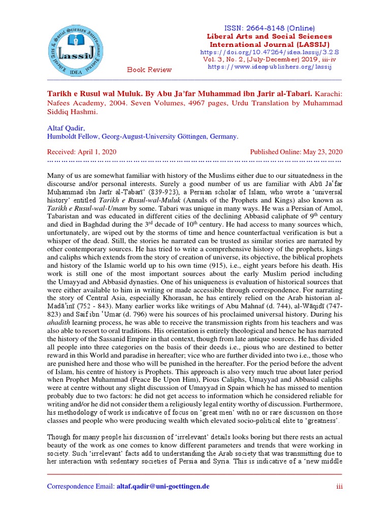 Book review on Abu Ja'far Muhammad ibn Jarir al-Tabari's Tarikh e Rusul ...