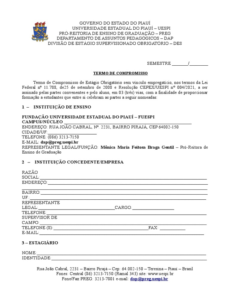 Termo de Compromisso Estágio Obrigatório | PDF | Estágio | Procura de ...