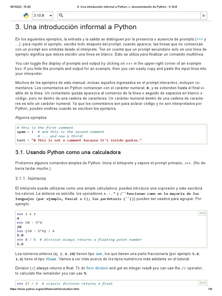 Una Introducción Informal A Python - Documentación de Python - 3.10.8 | PDF Una Introducción Informal A Python - Documentación de Python - 3.10.8 | PDF