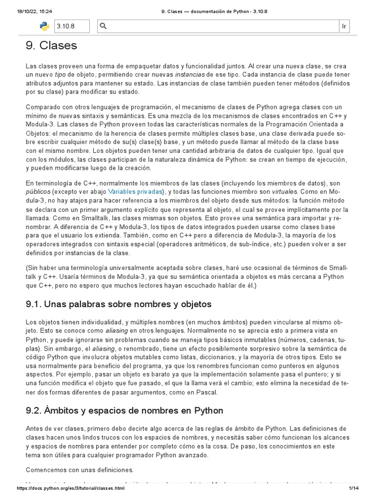 Clases - Documentación de Python - 3.10.8 PDF | PDF | Objeto (informática) | Python (lenguaje de ...