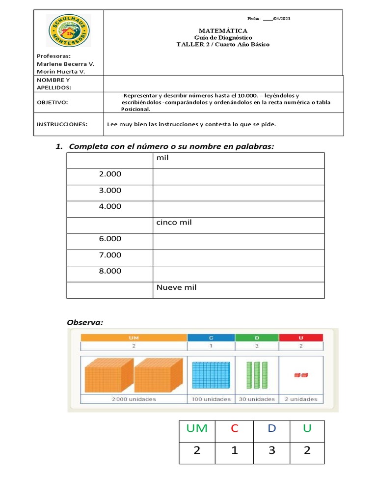 Guía de Trabajo Cuarto Básico Valor Posicional y Desc. Aditiva | PDF ...