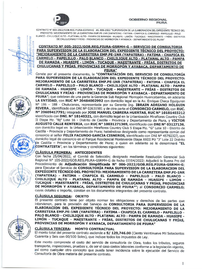 Contrato #005-2022 Consult - Superv.Elab - Exp.Tec - Carret.Fatima El Carmelo - Papelillo AS ...