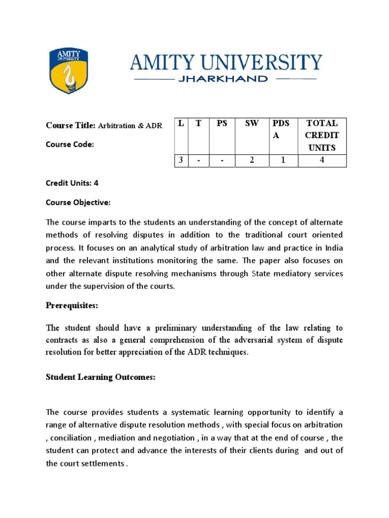 Arbitration and ADR Syllabus PDF | PDF | Alternative Dispute Resolution | Mediation
