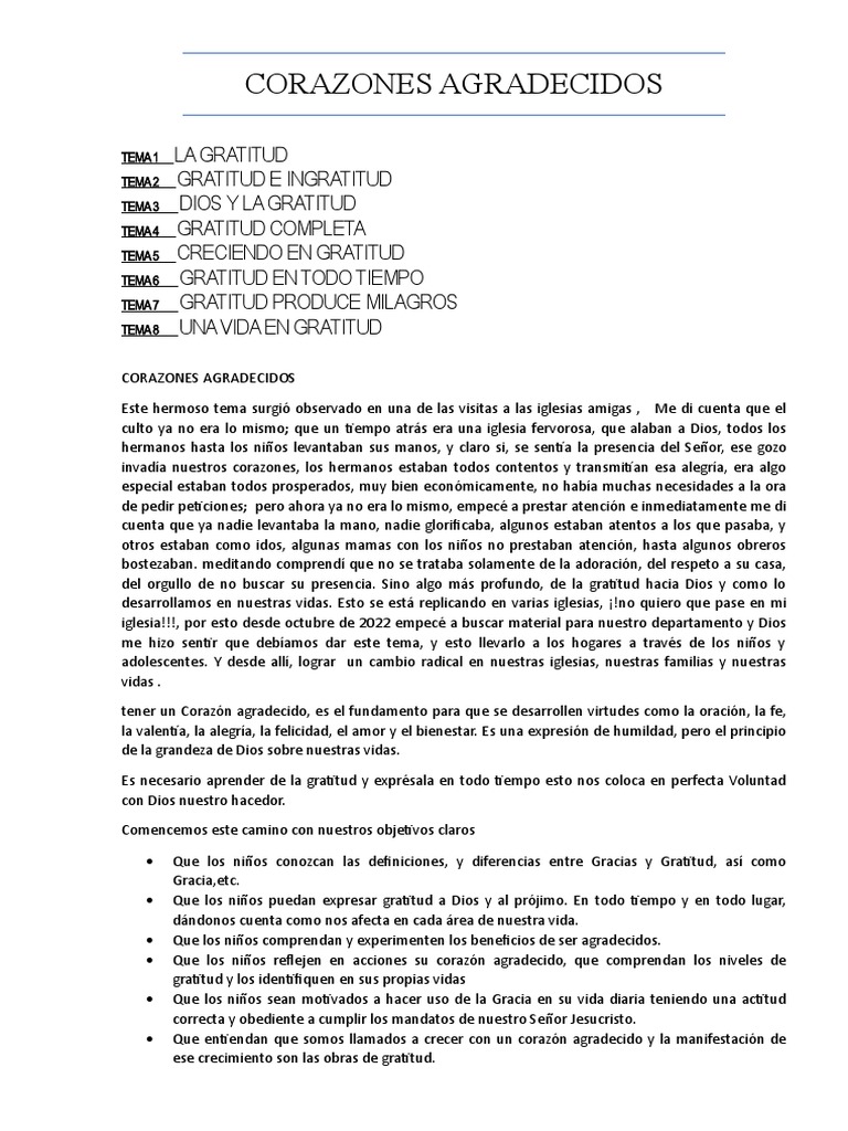 Corazones Agradecidos - Temario | Descargar gratis PDF | Gratitud