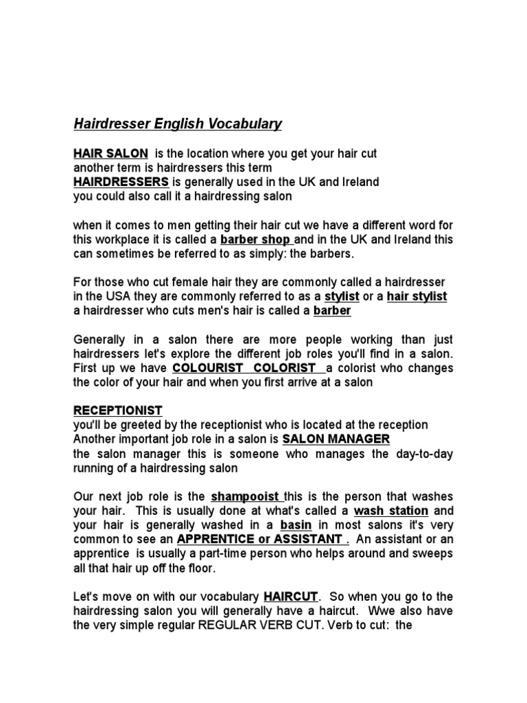 Hairdresser English Vocabulary | PDF