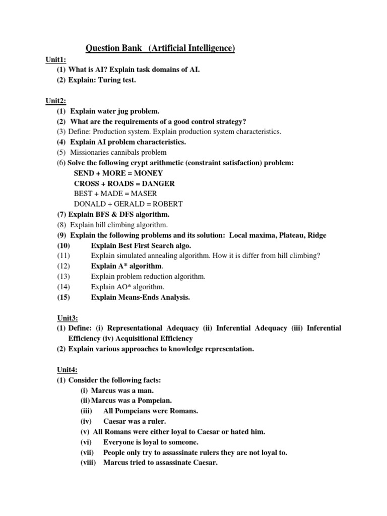 AI - Question Bank | PDF | Artificial Intelligence | Intelligence (AI) & Semantics