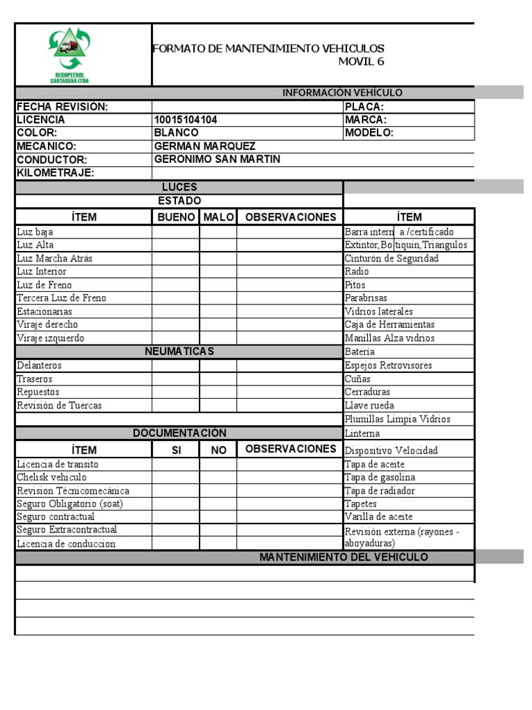 Formato Mantenimiento Vehiculos | PDF | Industria automotriz | Vehículos de lujo
