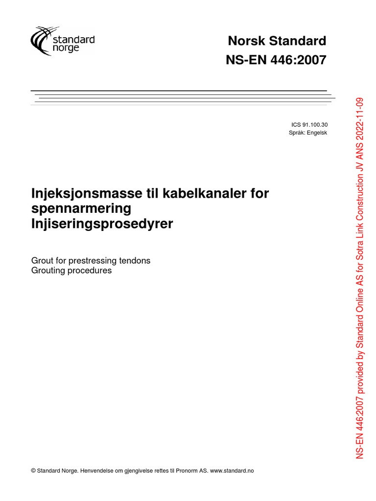 NS-EN 446_2007 Grout for prestressing tendons-Grouting Procedures.pdf | PDF