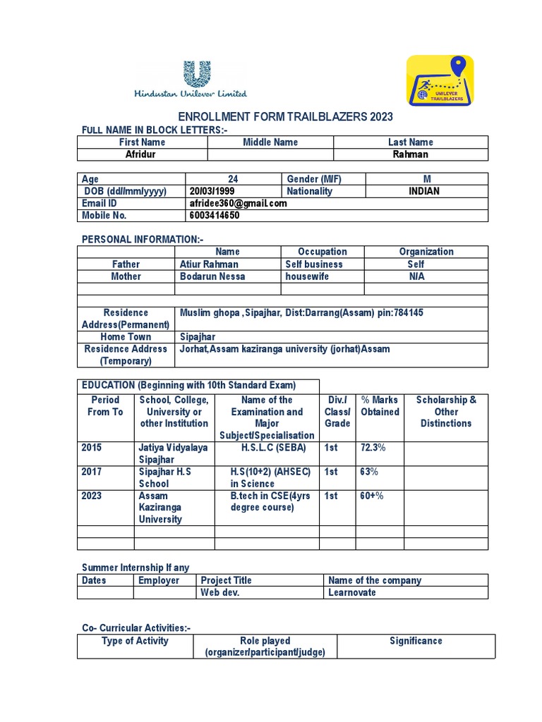 Enrollment Form for Trailblazers 2023 | PDF