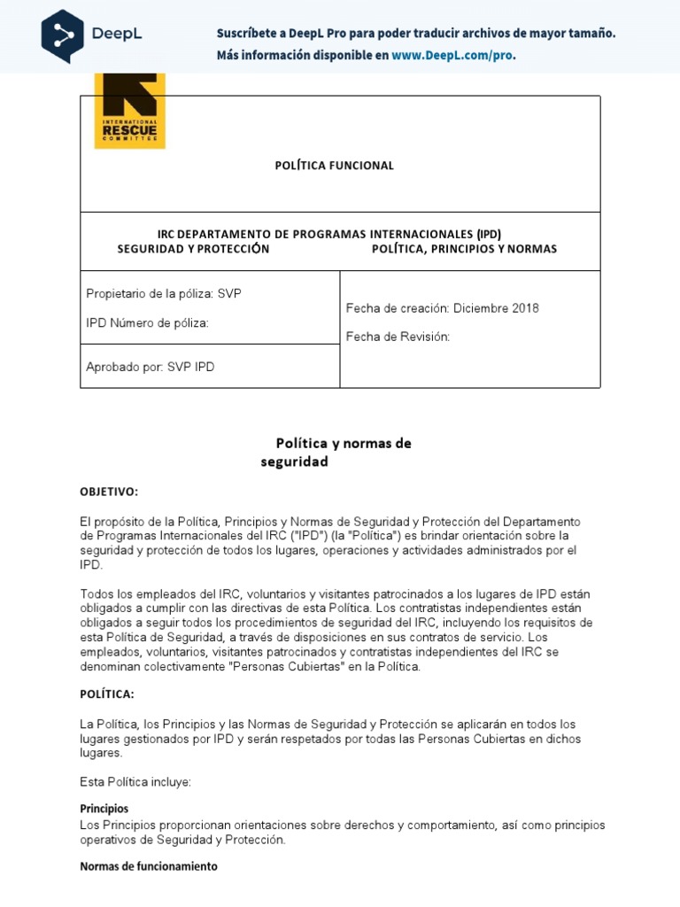 IPD - Safety - and - Security - Policy - and - Standards - Dec - 2018 Es PDF | PDF | Valores ...