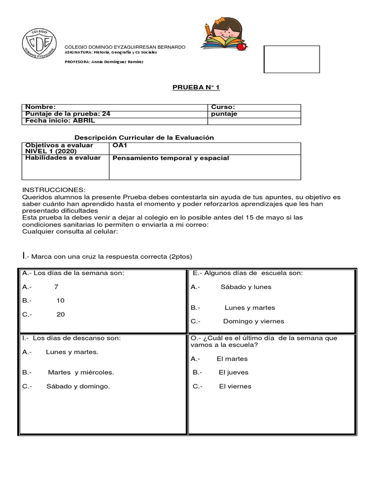 Prueba N°1 Historia 1° Básico | PDF
