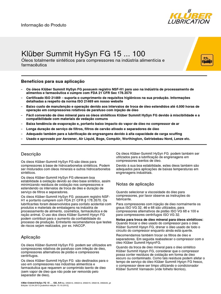 Klueber Summit Hysyn FG 15 100-pt | PDF | Petróleo | Química