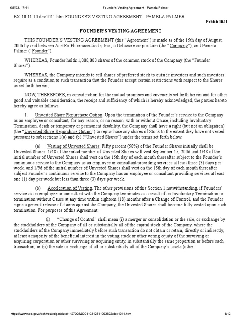 Founder's Vesting Agreement - Pamela Palmer | PDF | Arbitration | Stocks